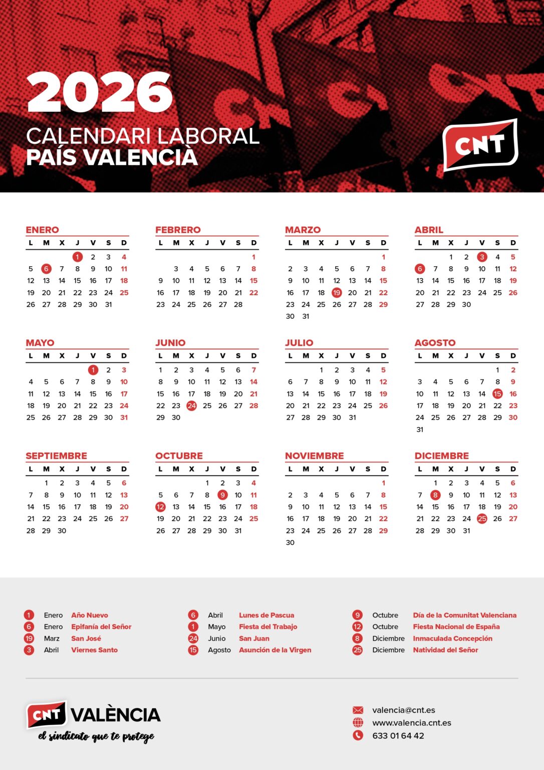 Calendario laboral del País Valencià 2026 - CNT Valencia
